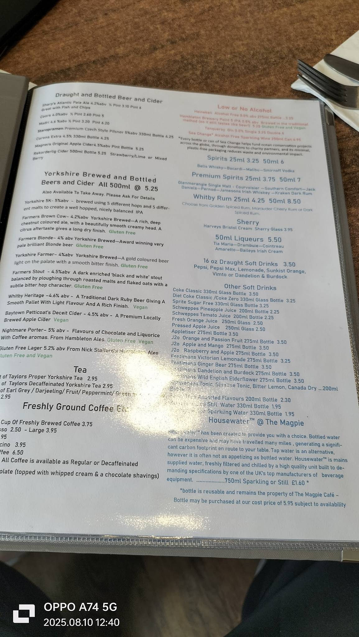 Menu at The Magpie Café restaurant, Whitby