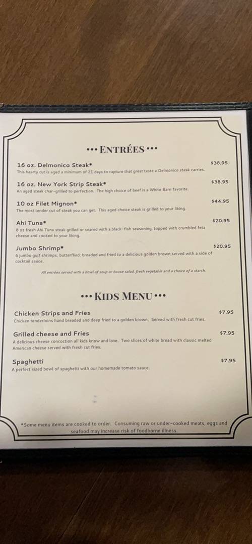 Menu at Whitebarn Supper Club, Dunlevy