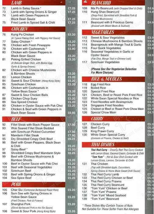 Menu at White Swan restaurant, Woodford, 30 The Broadway