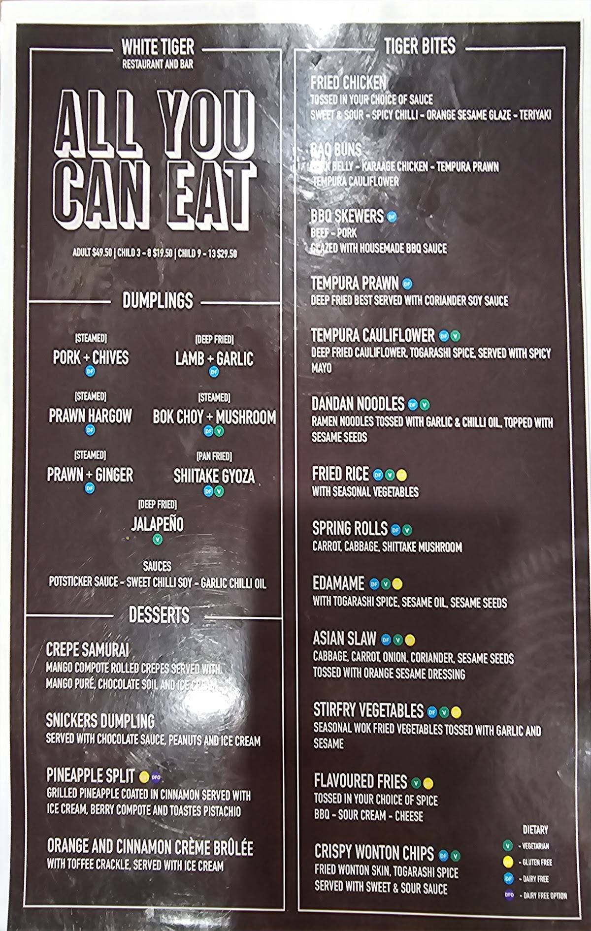 Menu at White Tiger Restaurant & Bar, Rotorua