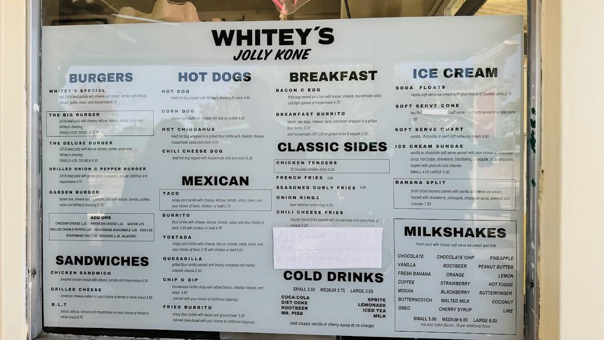 Menu at Whitey's Jolly Kone fast food, West Sacramento