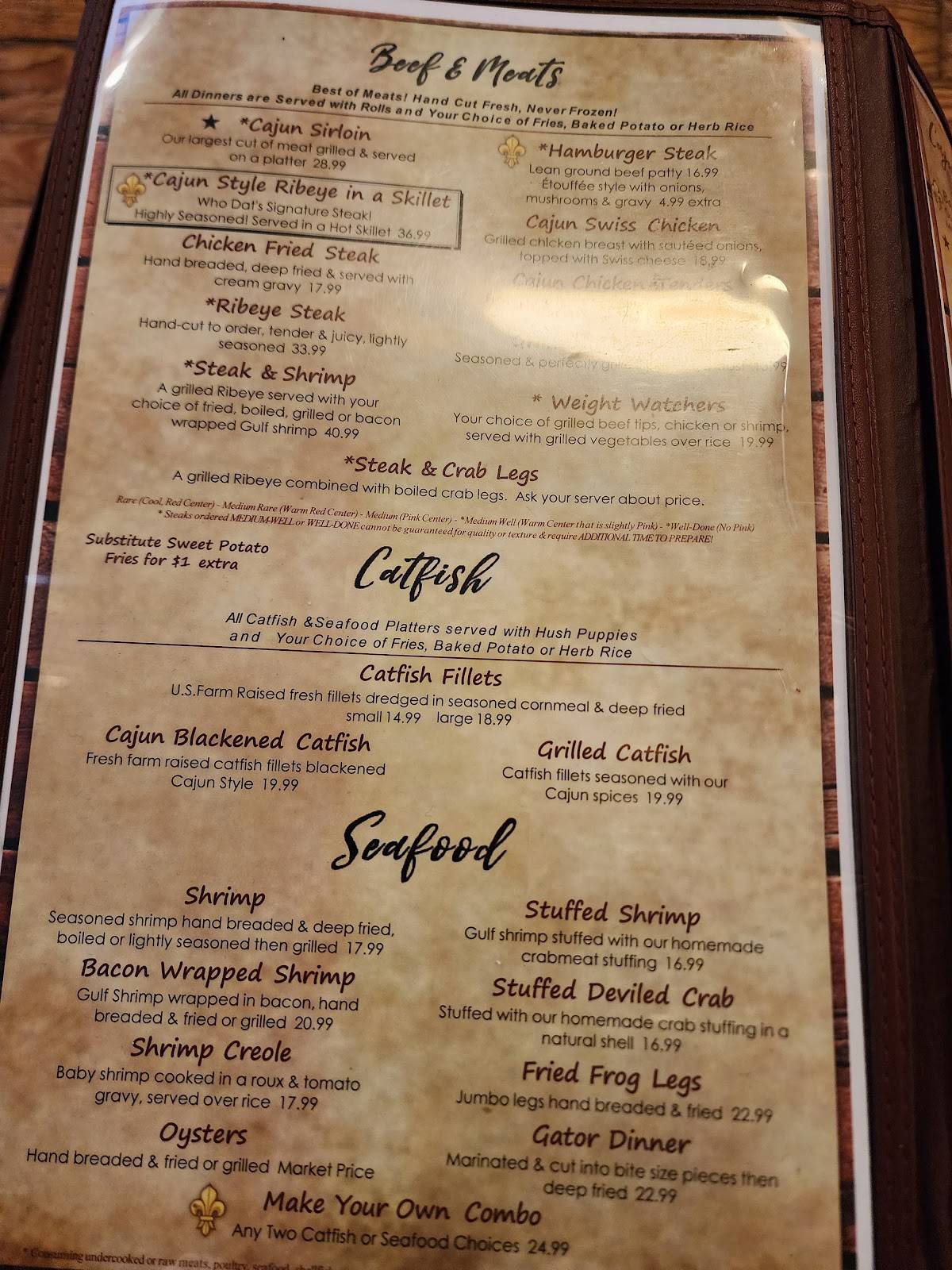 Menu at Who Dat's Cajun Restaurant, Bald Knob
