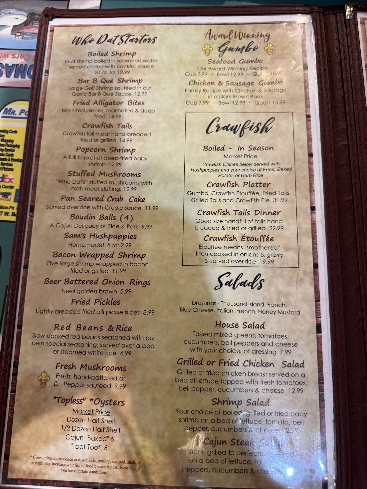 Menu at Who Dat's Cajun Restaurant, Bald Knob