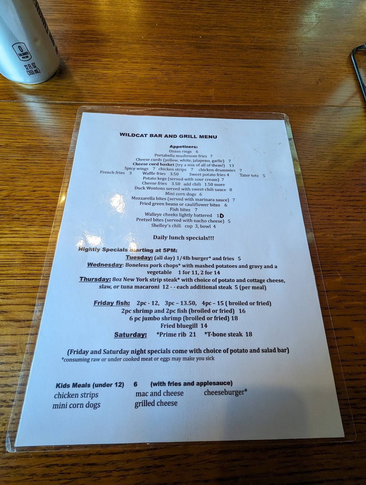 Menu at Wild Cat Mountain Bar & Grill, Ontario
