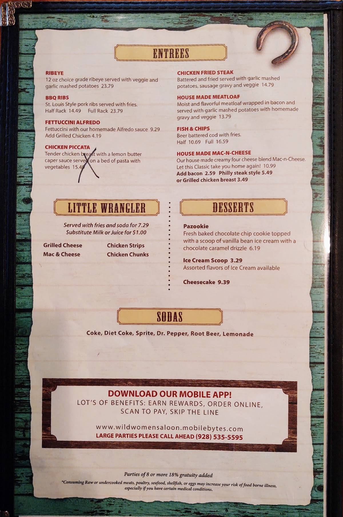 Menu at Wild Women Saloon and Grill pub & bar, Heber-Overgaard