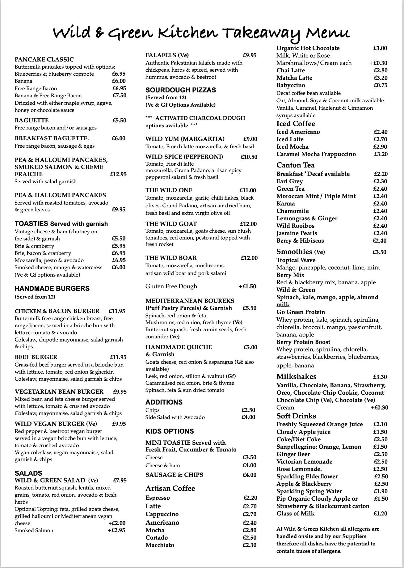Menu at Wild & Green Kitchen cafe, Cranleigh