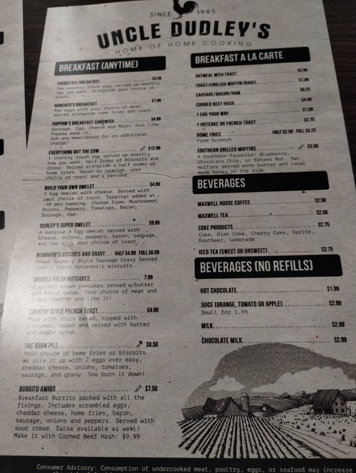 Menu at Uncle Dudley's Restaurant, Willard