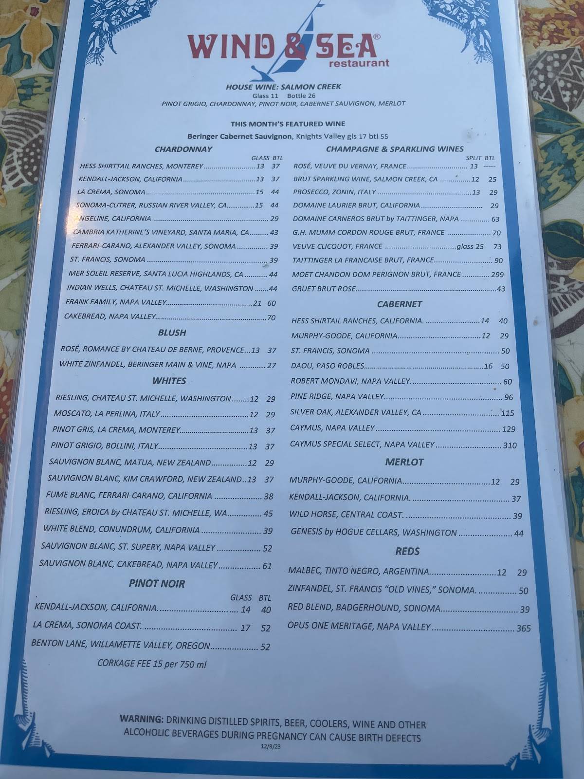 Menu at Wind & Sea Restaurant, Dana Point