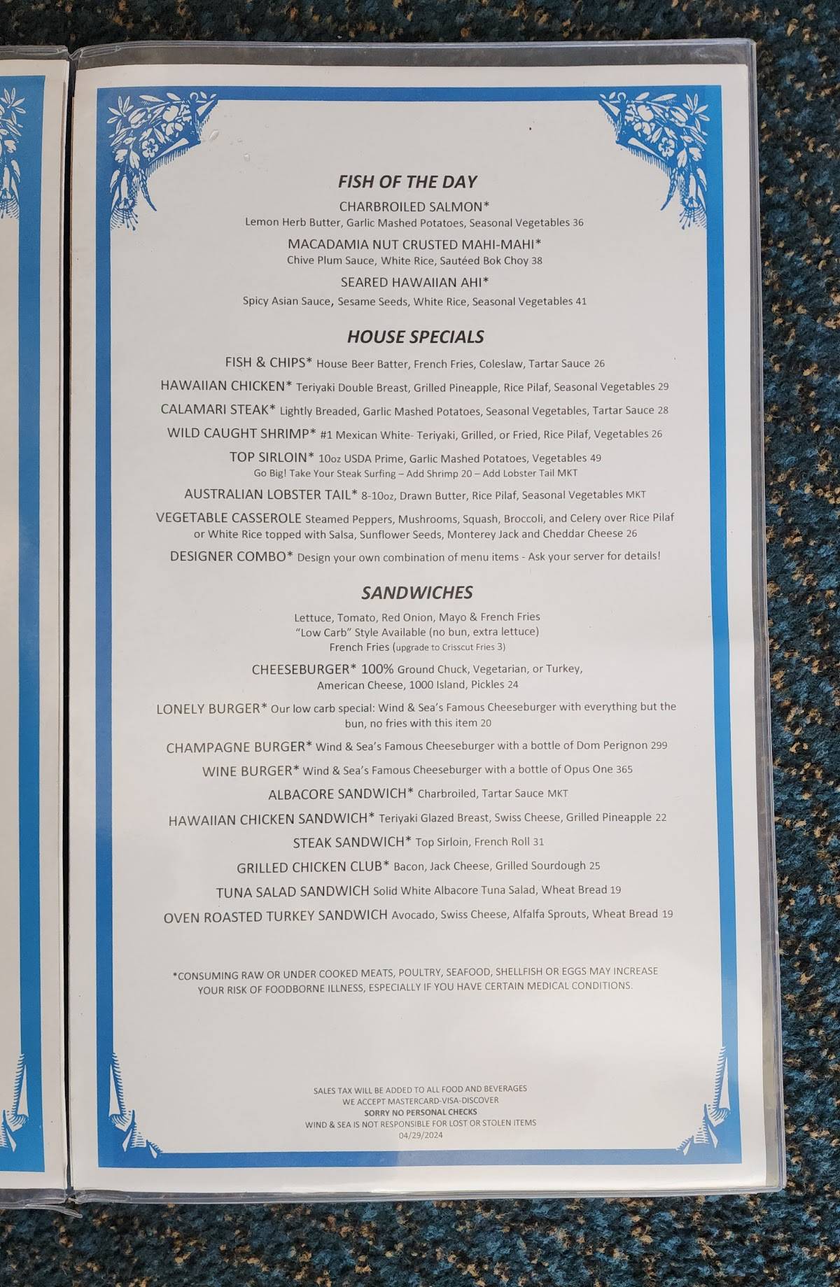 Menu at Wind & Sea Restaurant, Dana Point