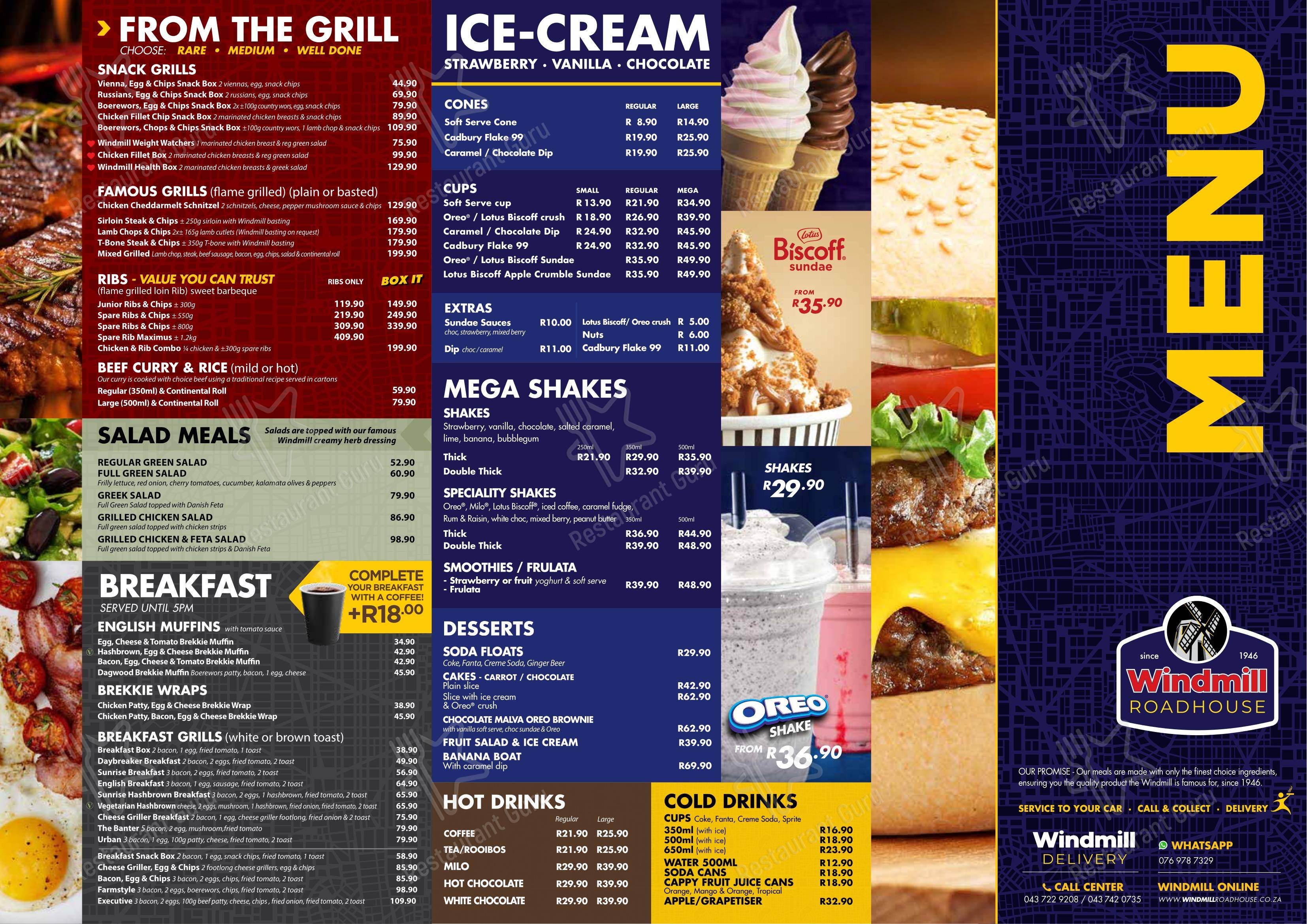 Menu at Windmill Roadhouse restaurant, East London