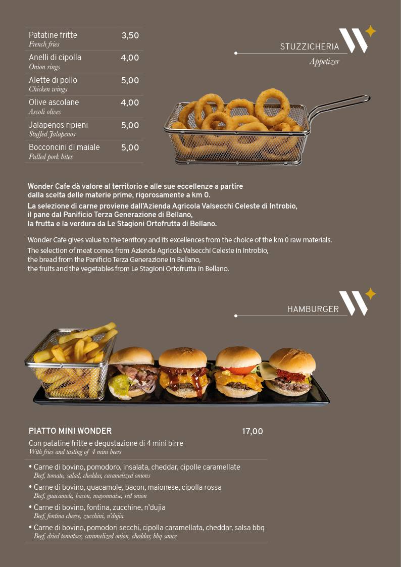Menu at Wonder Cafe Hamburgeria, Bellano