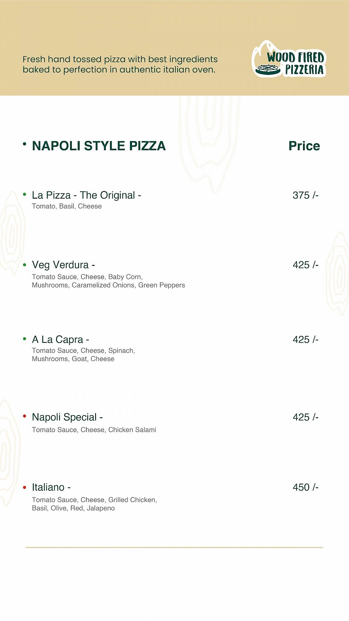 Menu at Wood Fired Pizzeria, Bhiwani