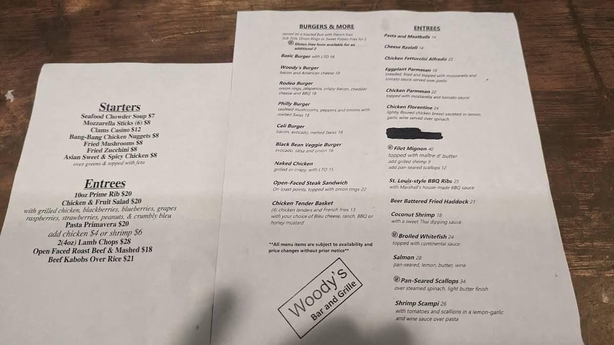 Menu at Woody's Bar and Grille, Waterloo