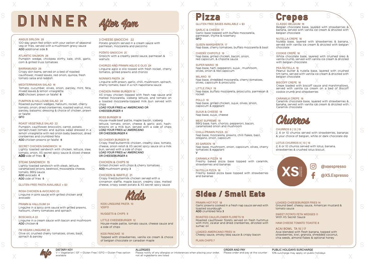 Menu at XS Espresso Jordan Springs cafe, Jordan Springs