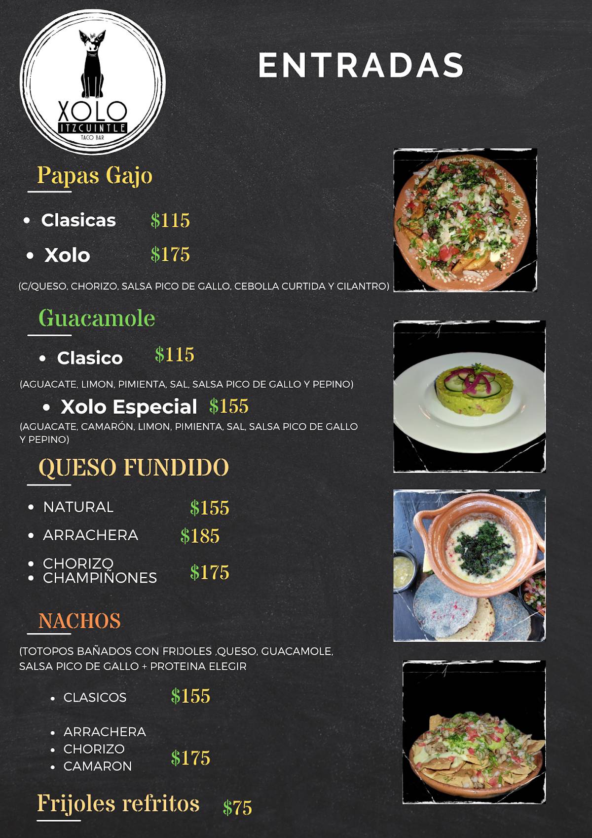 Carta de Xolo Itzcuintle taco bar, Bacalar