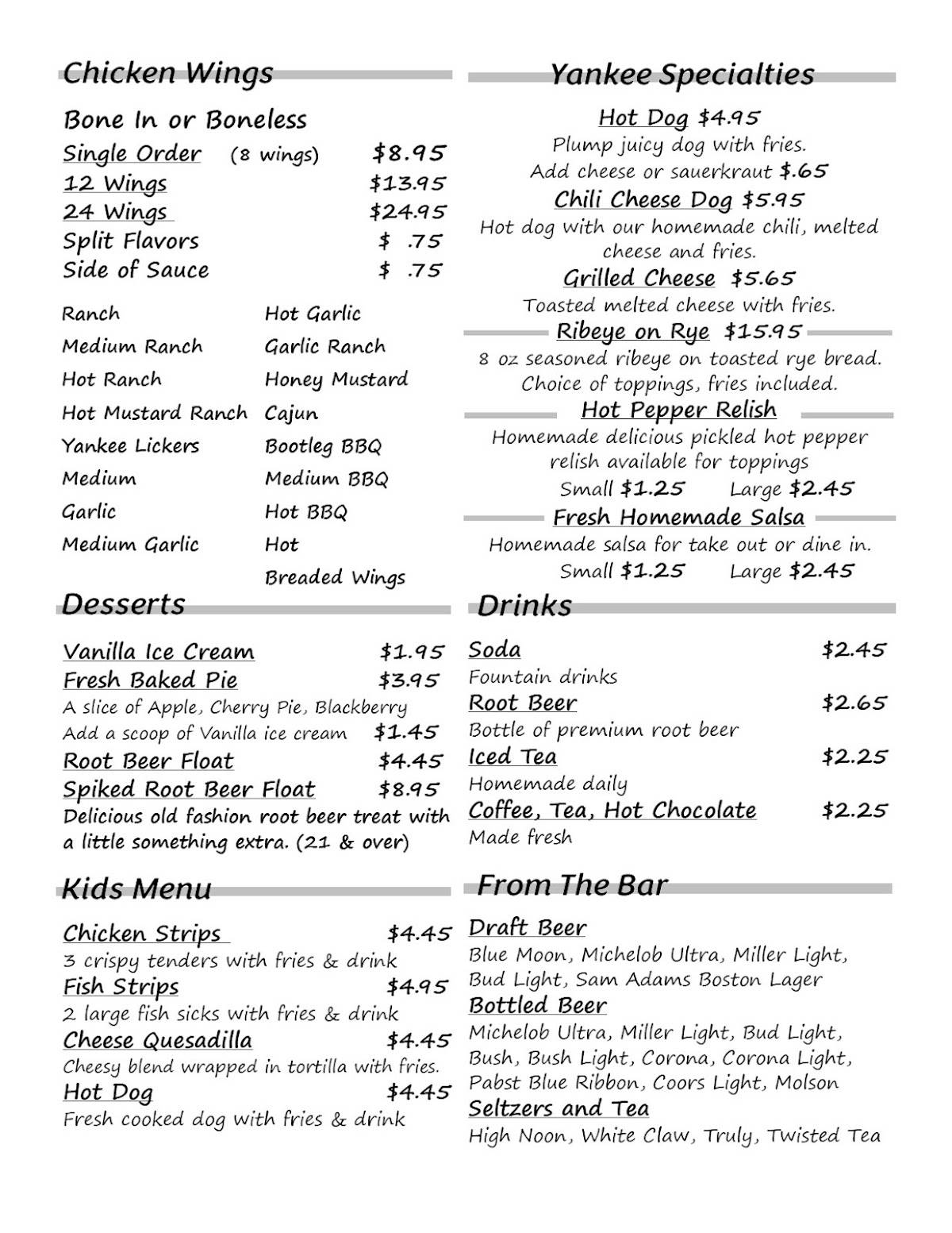 Menu at Yankee Lake restaurant, Yankee Lake