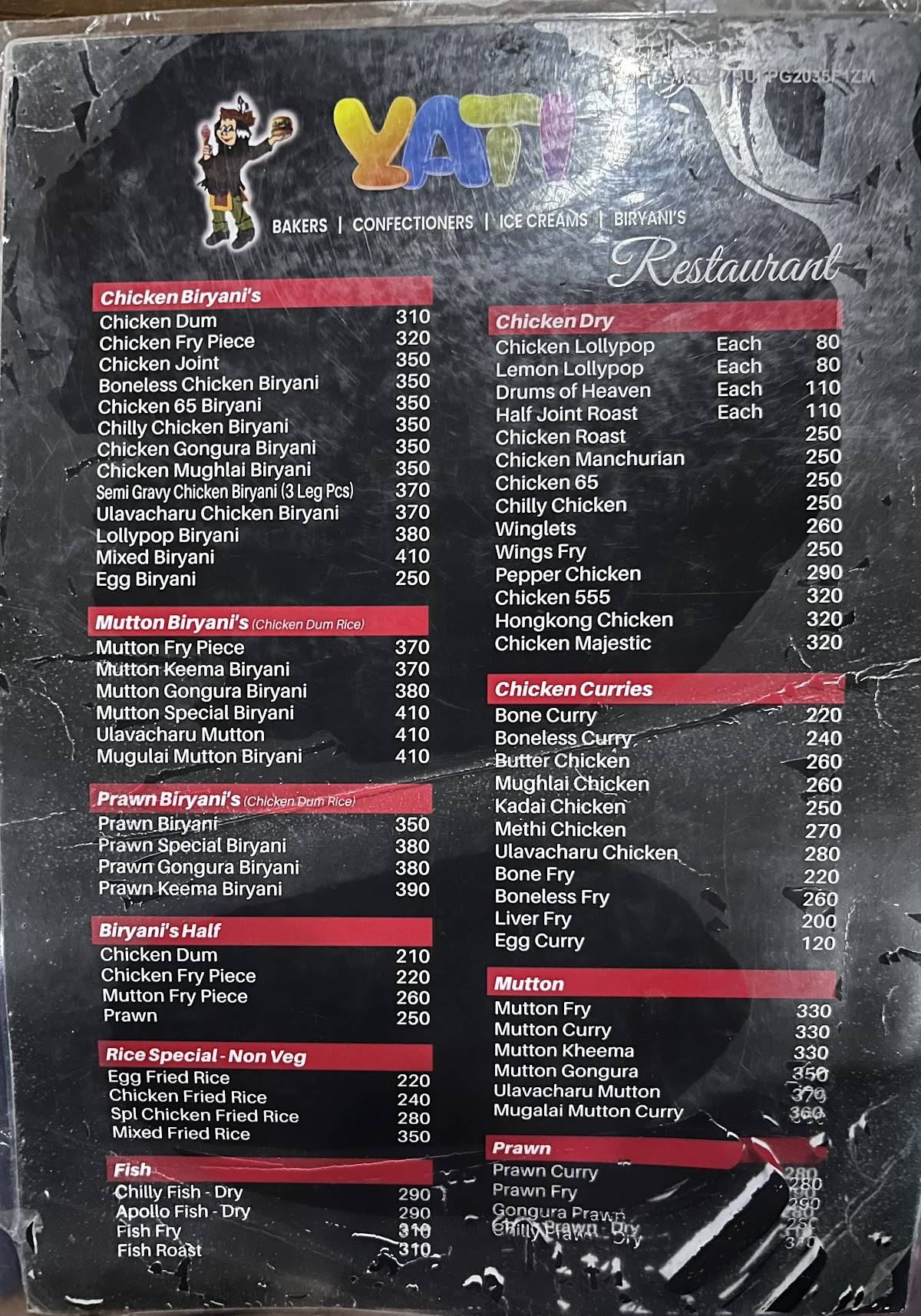 Menu at Yati Foods, Samarlakota