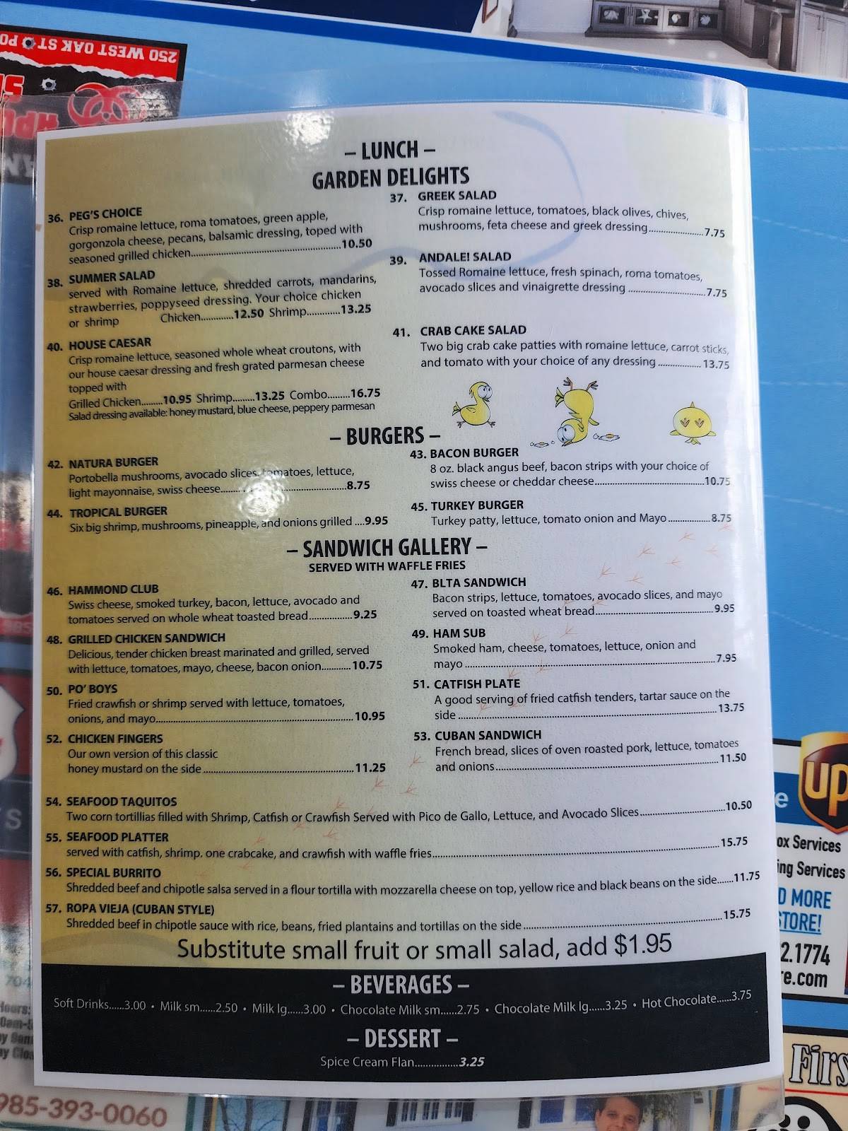Menu at Yellow Bird Cafe, Hammond, 222 E Charles St