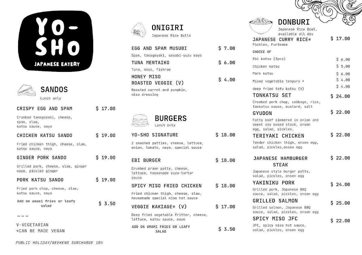Menu at Yo-Sho Japanese Eatery restaurant, Australia