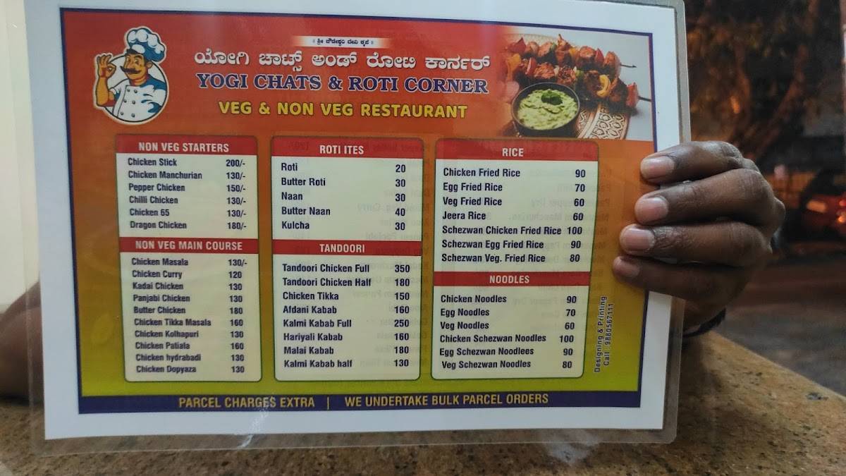 Menu at Yogi chats and Roti corner, Bengaluru