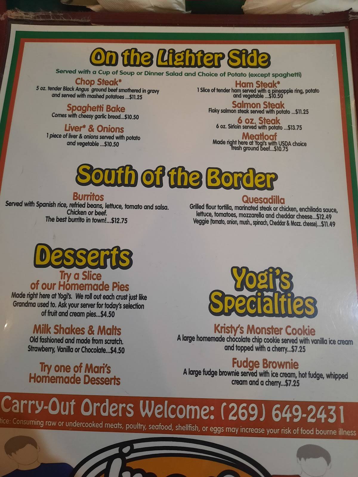Menu at Yogi's restaurant, Vicksburg