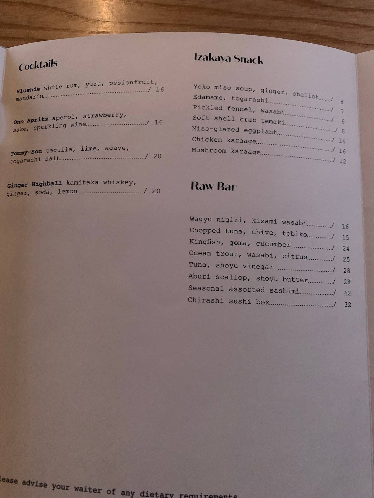 Menu at Yoko Dining restaurant, Brisbane City