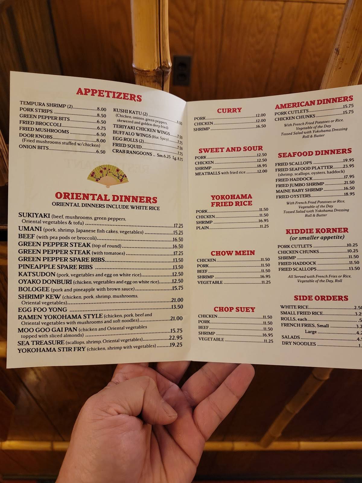 Menu at Yokohama restaurant, Gorham