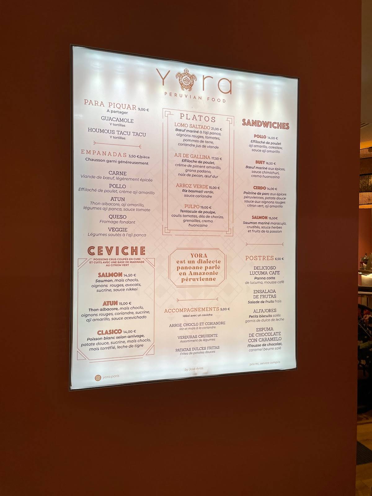 Menu au Yora péruvien and japonaise food restaurant, Paris, 35 Bd Haussmann