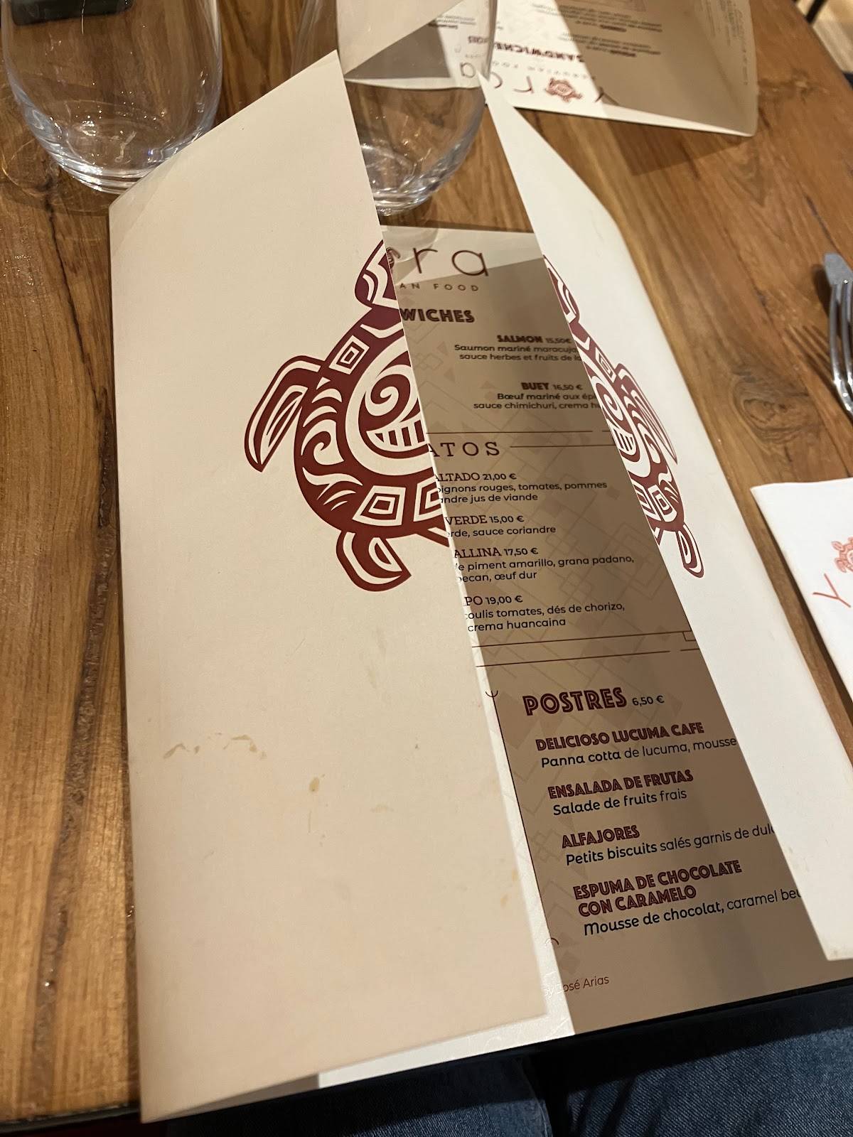 Menu au Yora péruvien and japonaise food restaurant, Paris, 35 Bd Haussmann