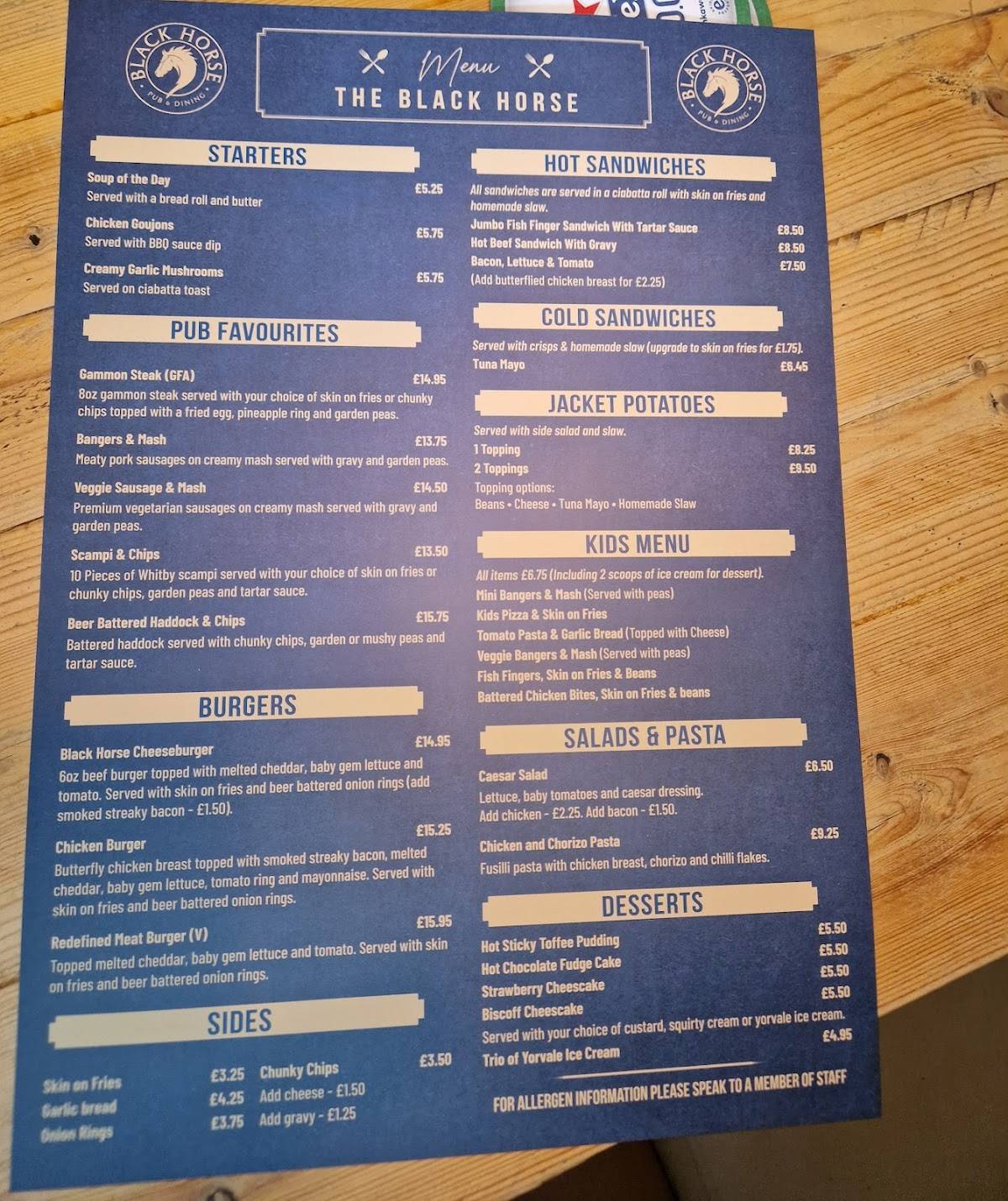 Menu at The Black Horse pub & bar, York, 42-44 The Village