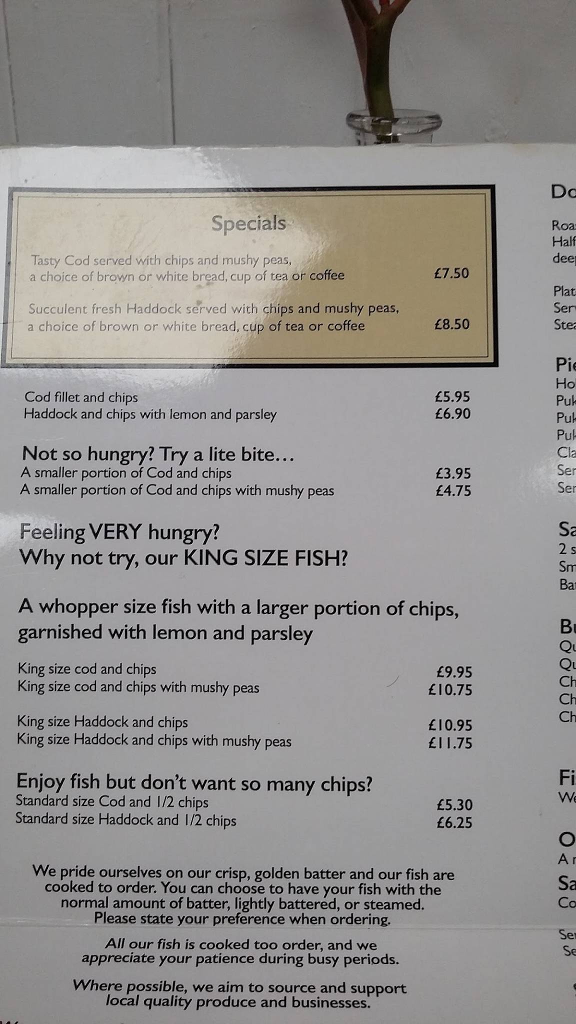 Menu at Yorkshire Fisheries restaurant, Blackpool