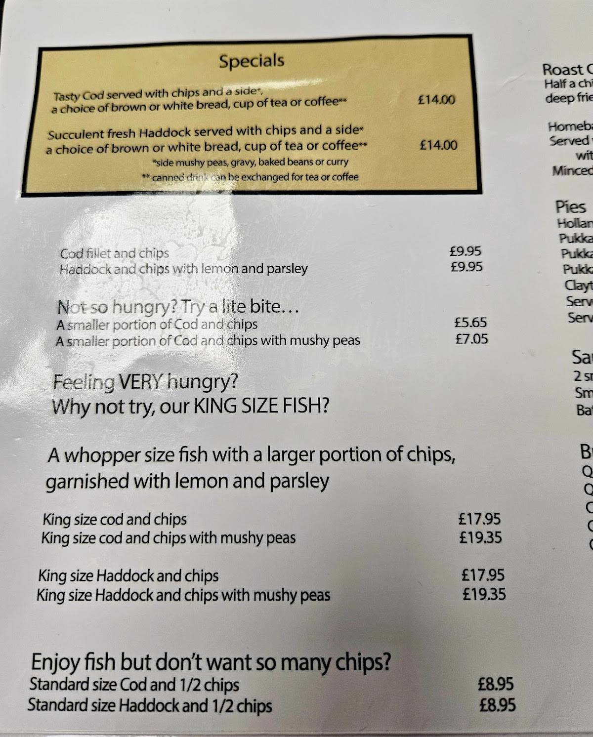 Menu at Yorkshire Fisheries restaurant, Blackpool