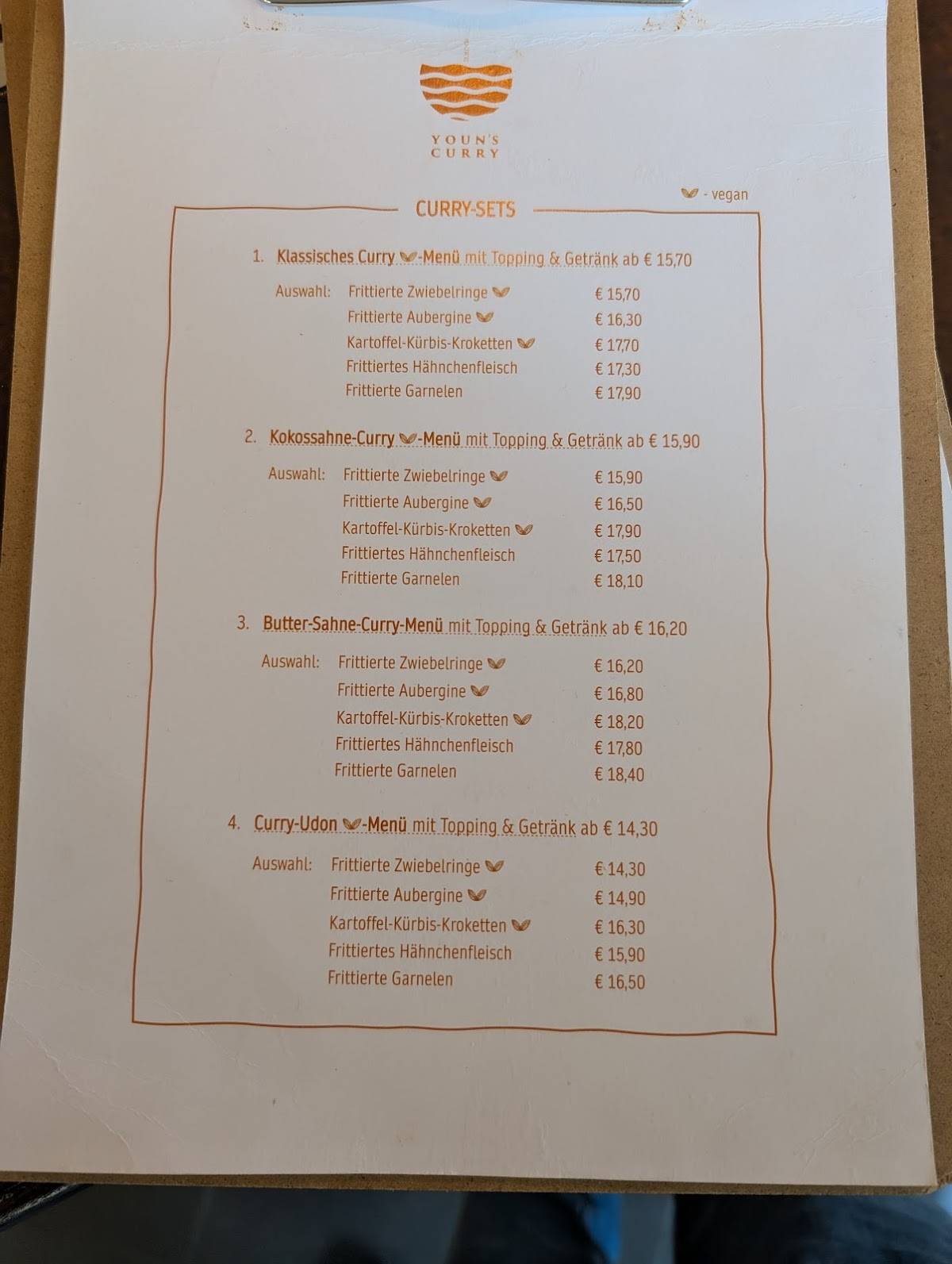 Menu au Youn's Curry restaurant, Krefeld