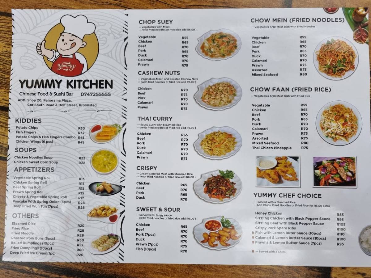 Menu at Yummy Kitchen Kroonstad restaurant, South Africa