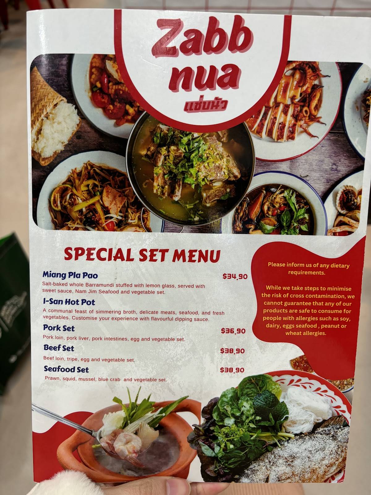 Menu at Zabb Nua restaurant, Melbourne