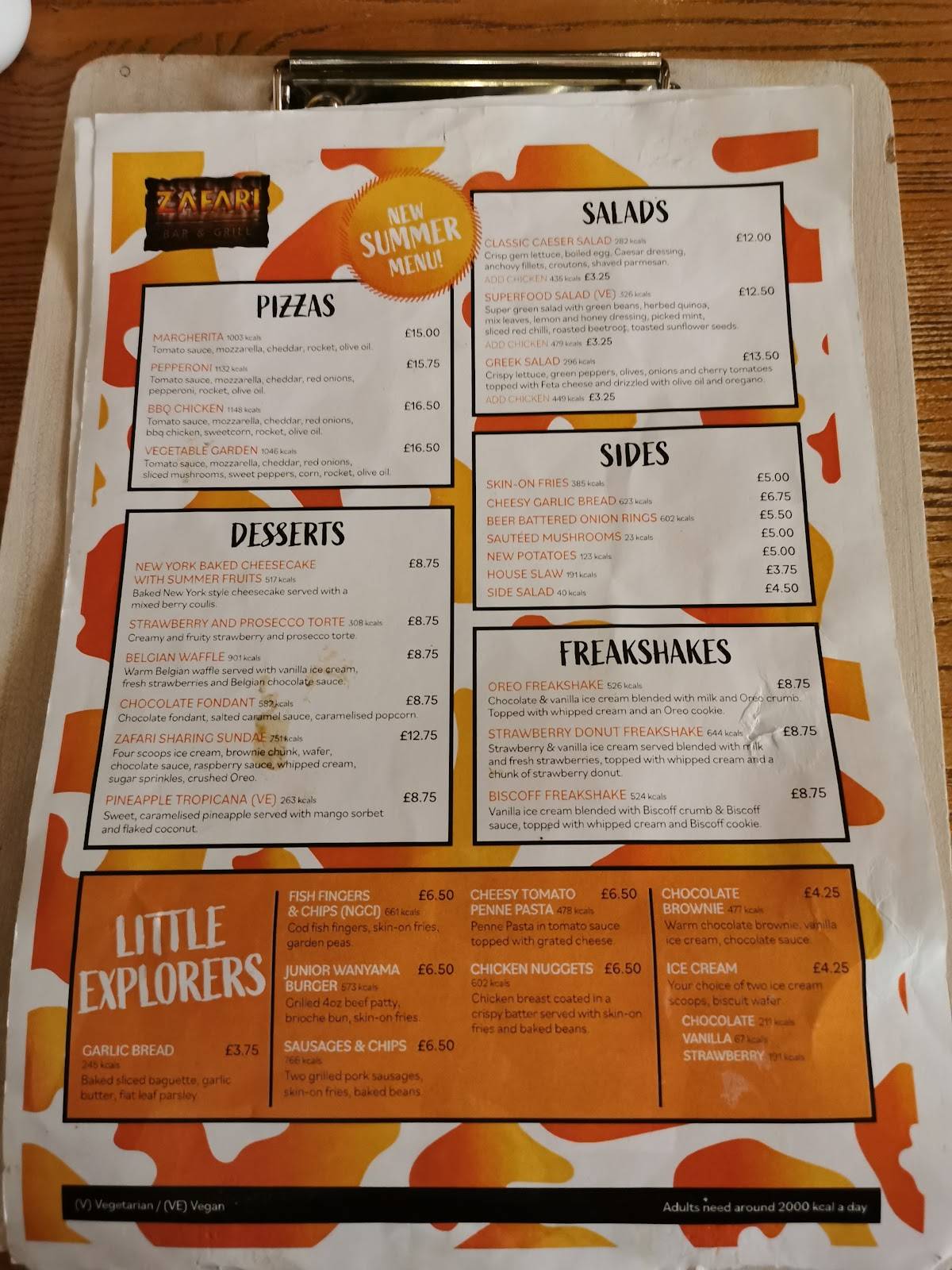 Menu at Zafari Bar and Grill, Chessington