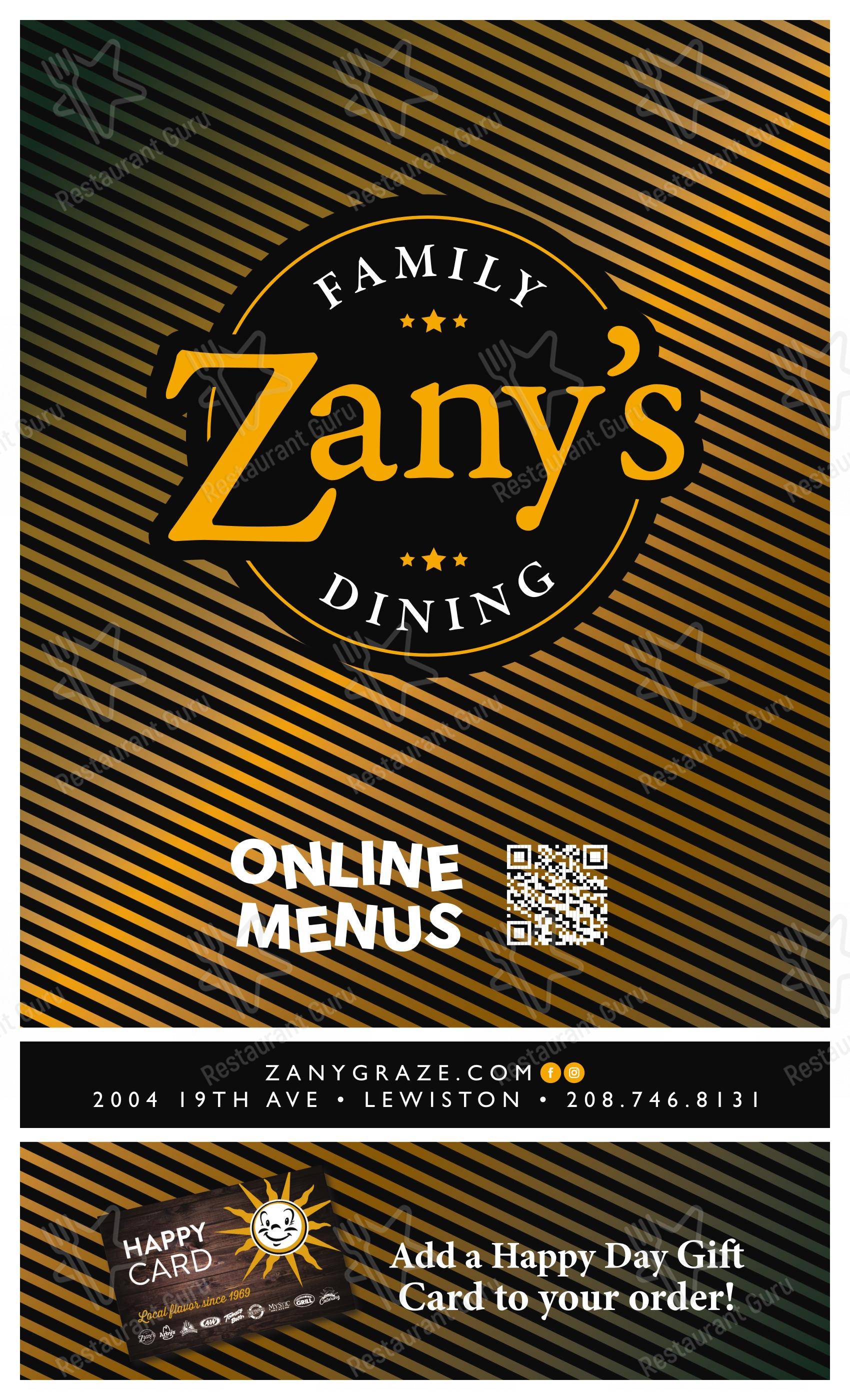 Menu at Zany's restaurant, Lewiston