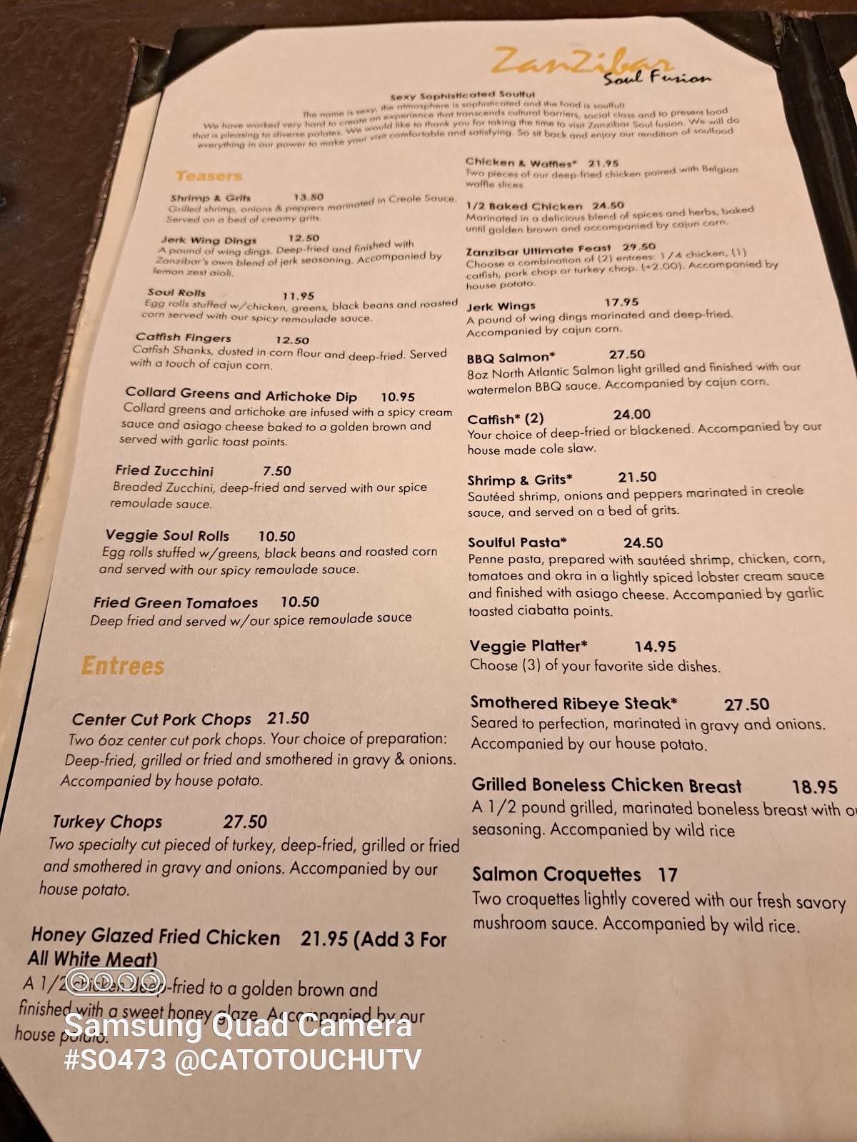 Menu at Zanzibar Soul Fusion, Cleveland, Shaker Square #2314