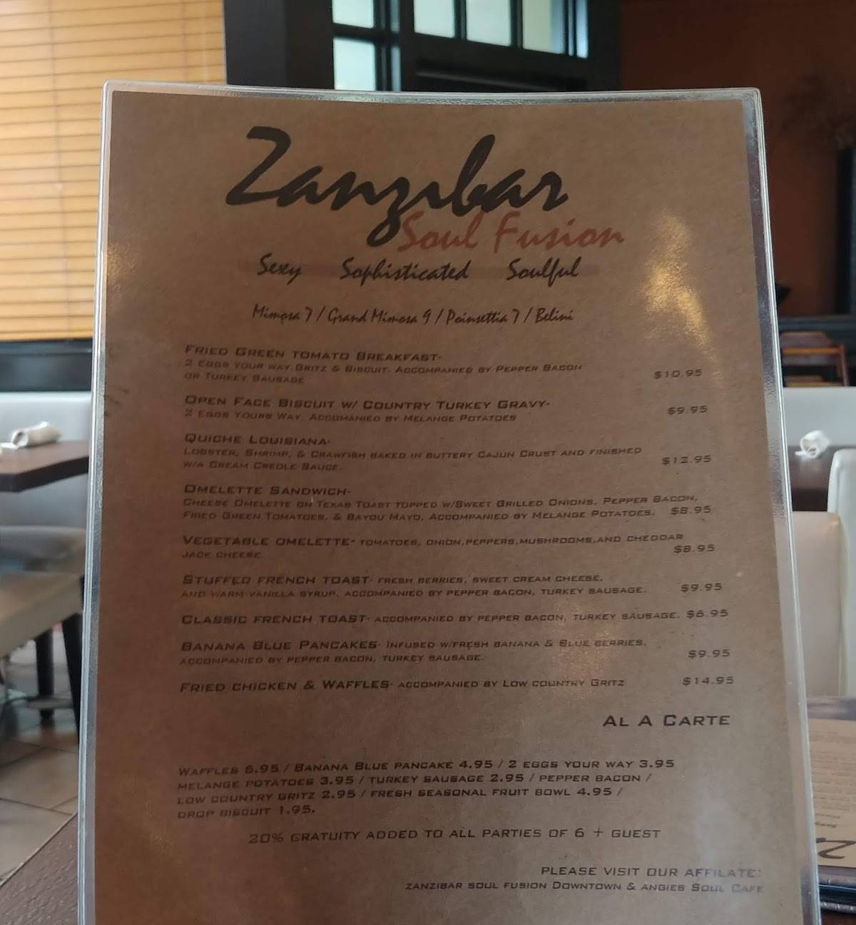Menu at Zanzibar Soul Fusion, Cleveland, Shaker Square #2314
