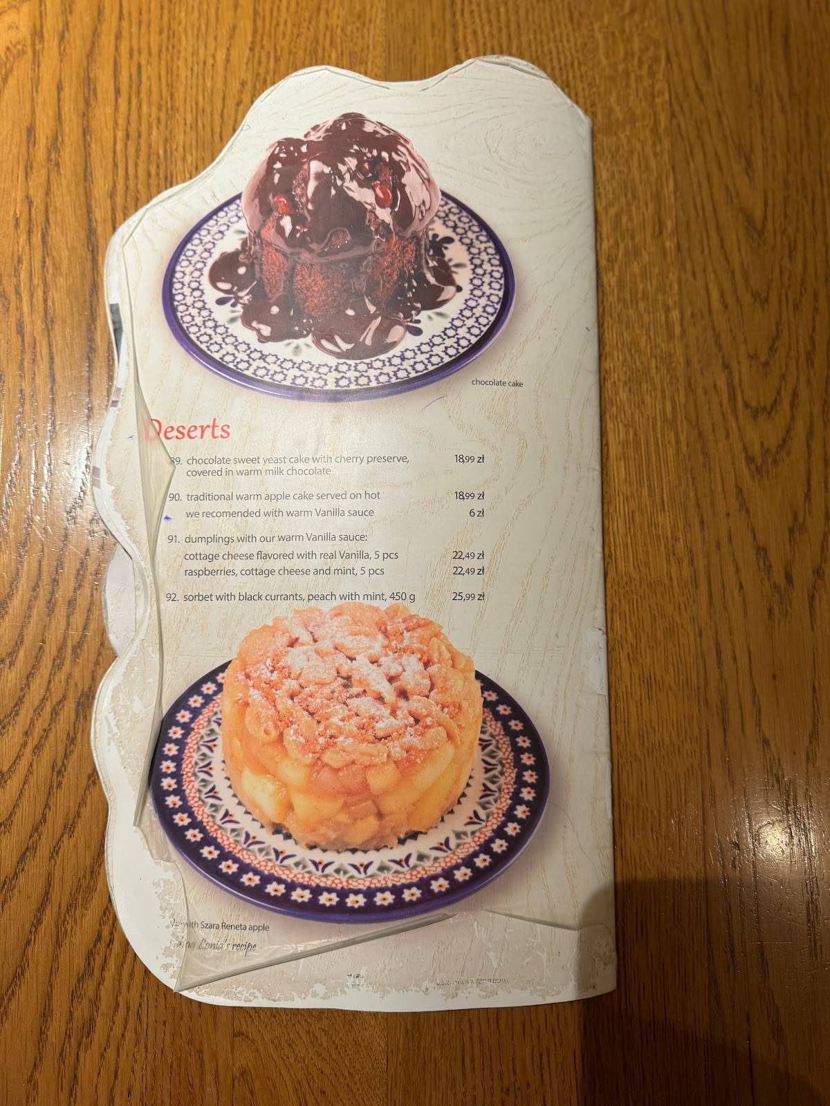 Menu at Zapiecek restaurant, Warsaw, Nowy Świat 64