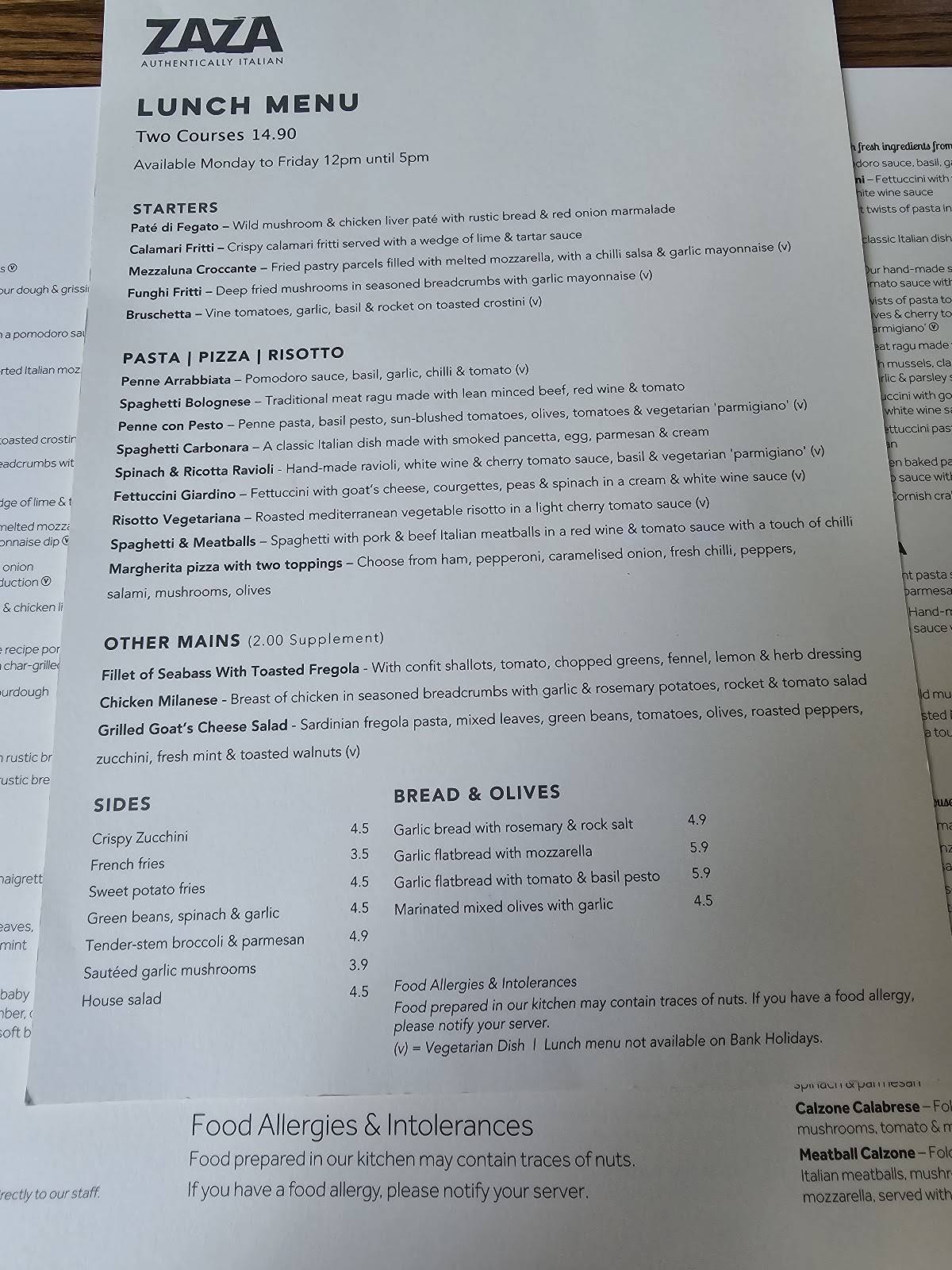 Menu at Zaza restaurant, Ruislip, The Duck House