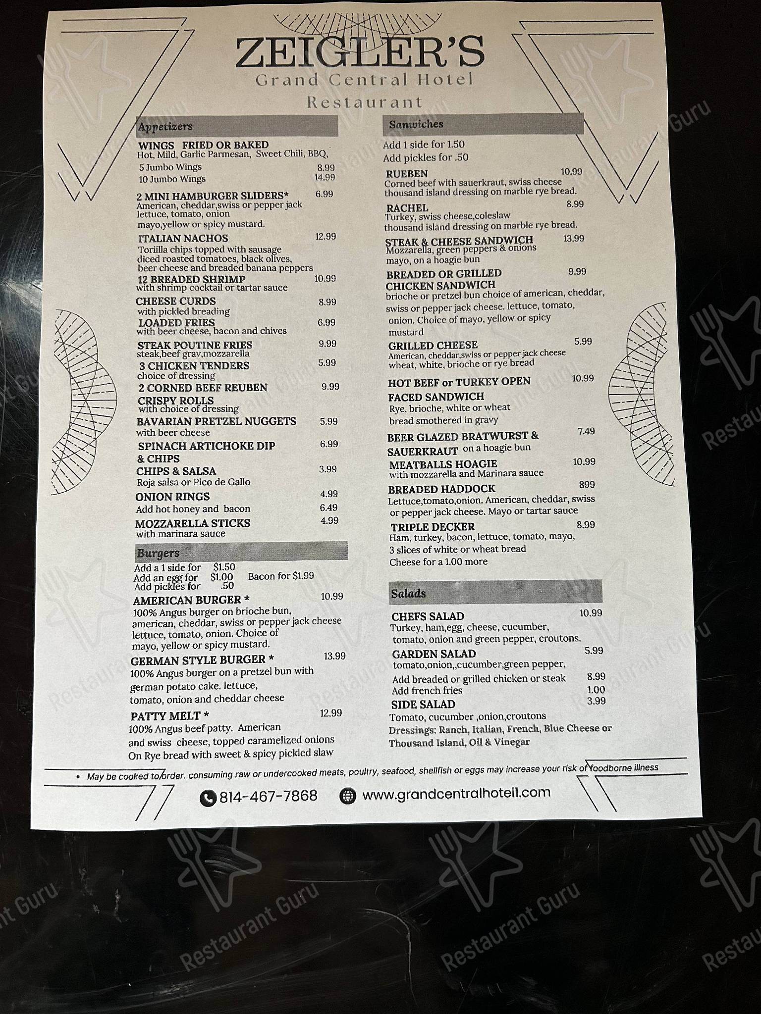 Menu at Zeigler's Grand Central Hotel, Inc. pub & bar, Windber