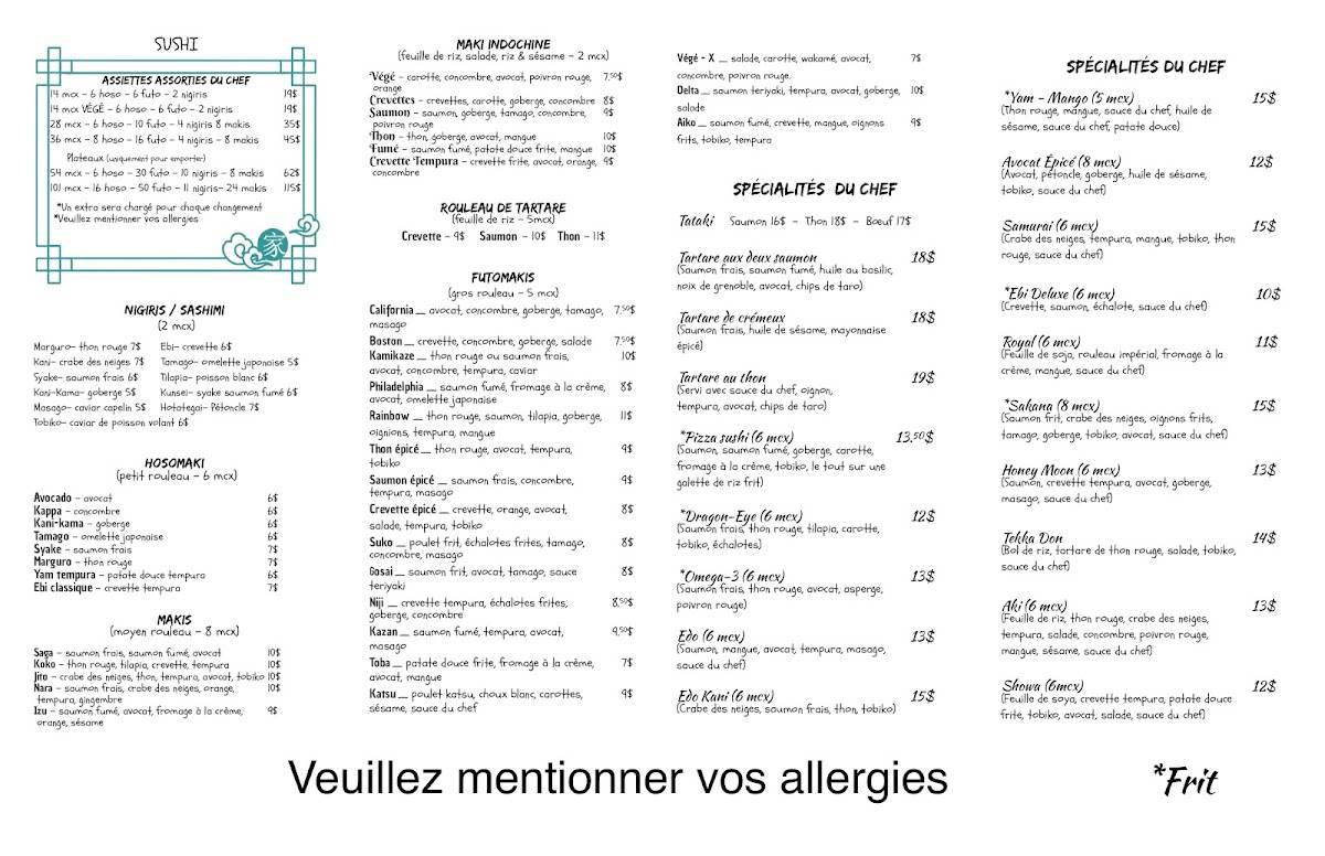 Menu au Zen Restaurant, L'Assomption, 372 Bd de l'Ange-Gardien