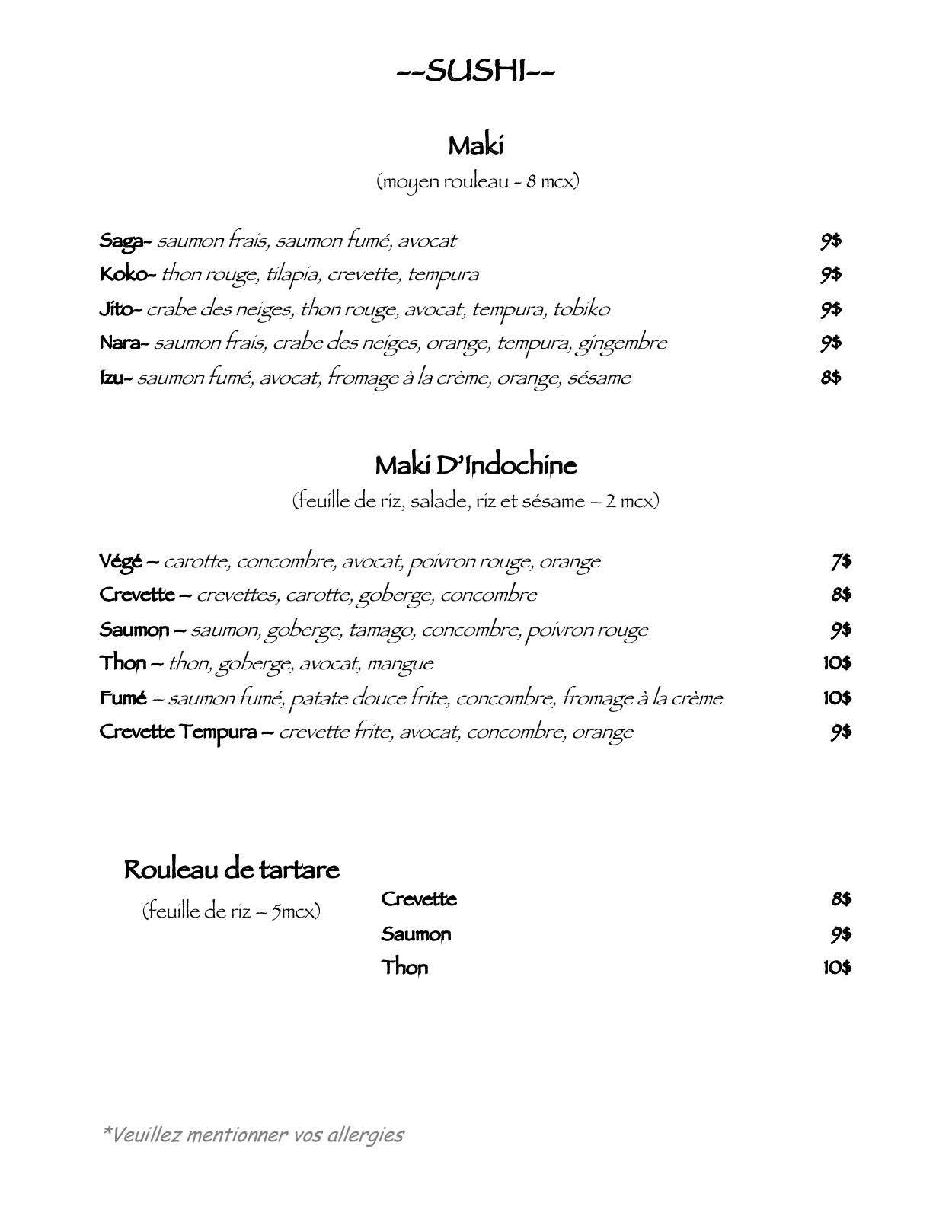 Menu au Zen Restaurant, L'Assomption, 372 Bd de l'Ange-Gardien