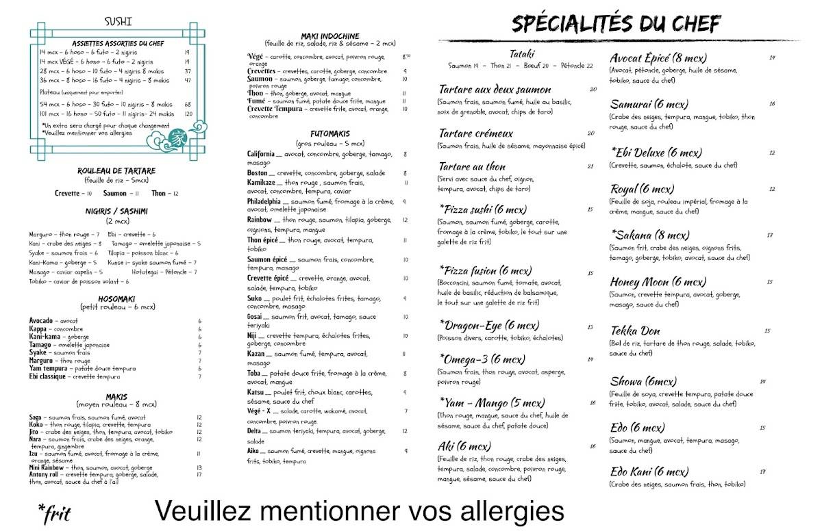 Menu au Zen Restaurant, L'Assomption, 372 Bd de l'Ange-Gardien