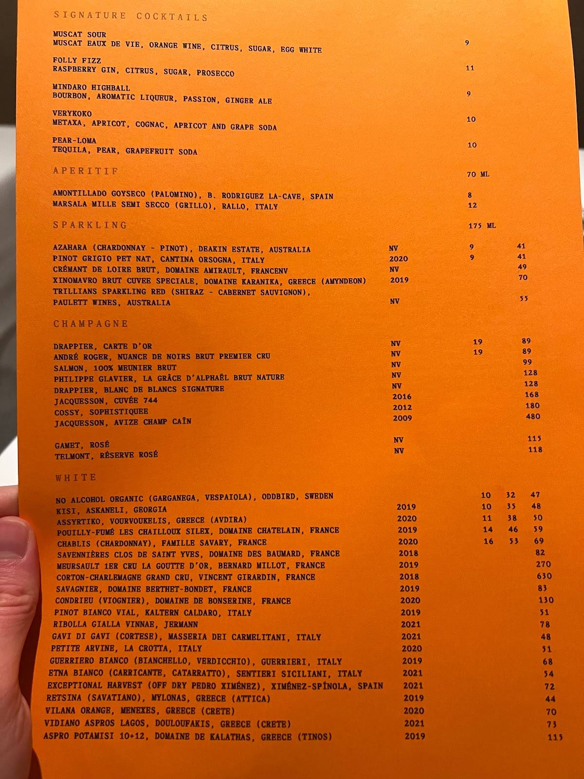 Menu at Zephyr Notting Hill restaurant, London