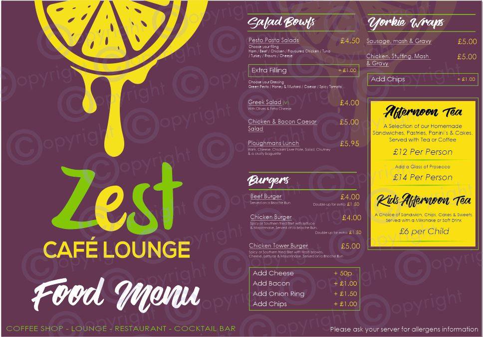 Menu at Zest Café Lounge restaurant, Darwen