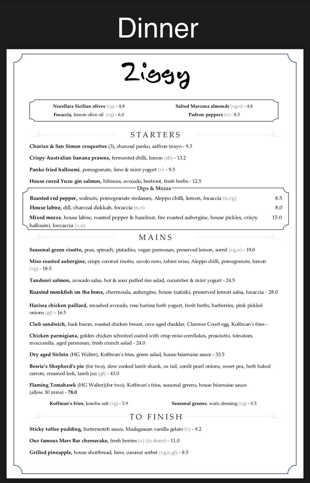 Menu at Ziggy Green restaurant, London