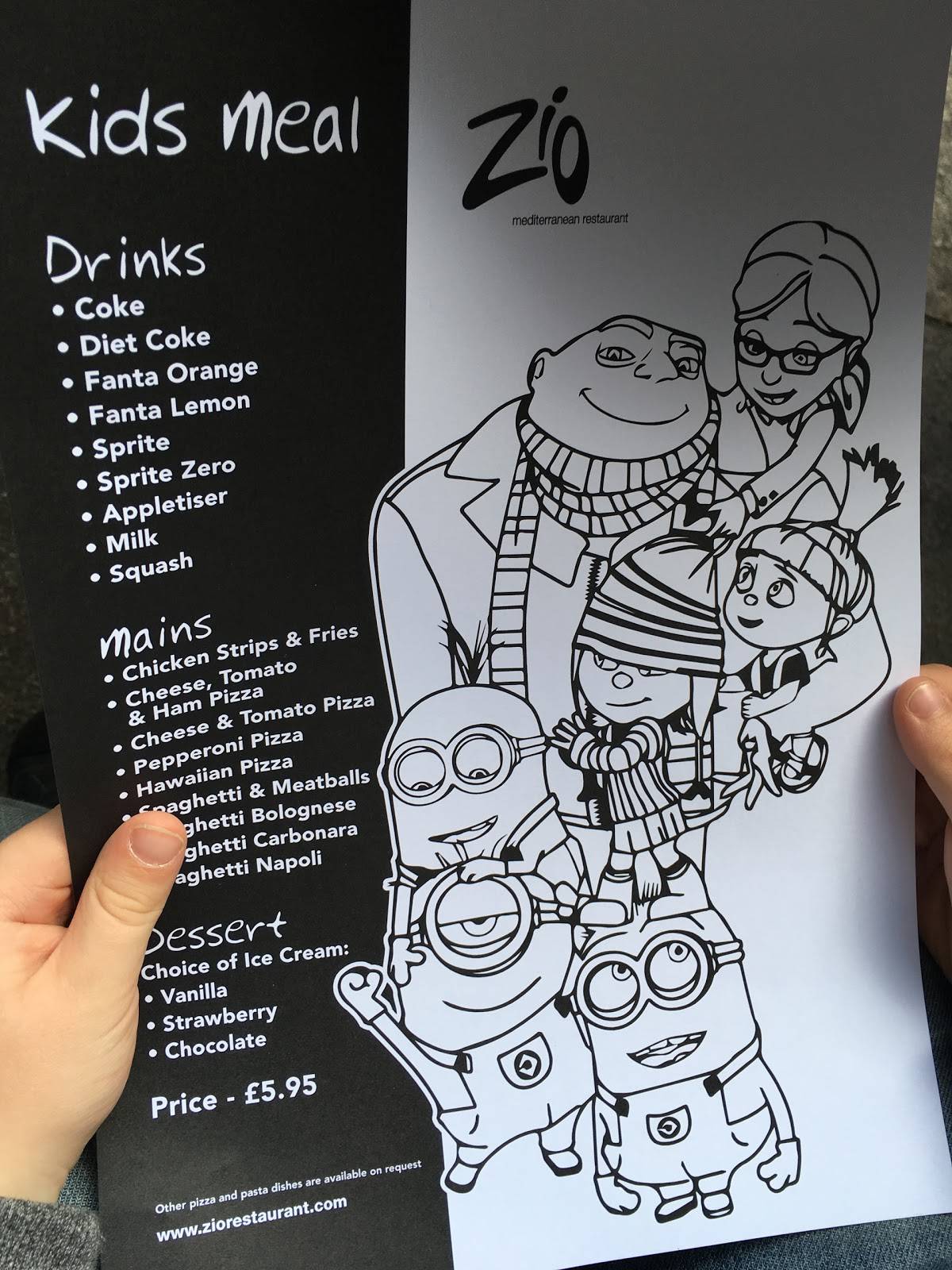 Menu at Zio restaurant, Portadown