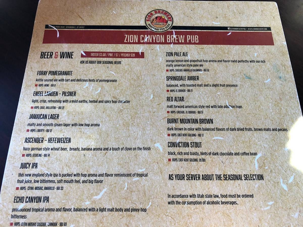 Menu at Zion Canyon Brew Pub, Springdale